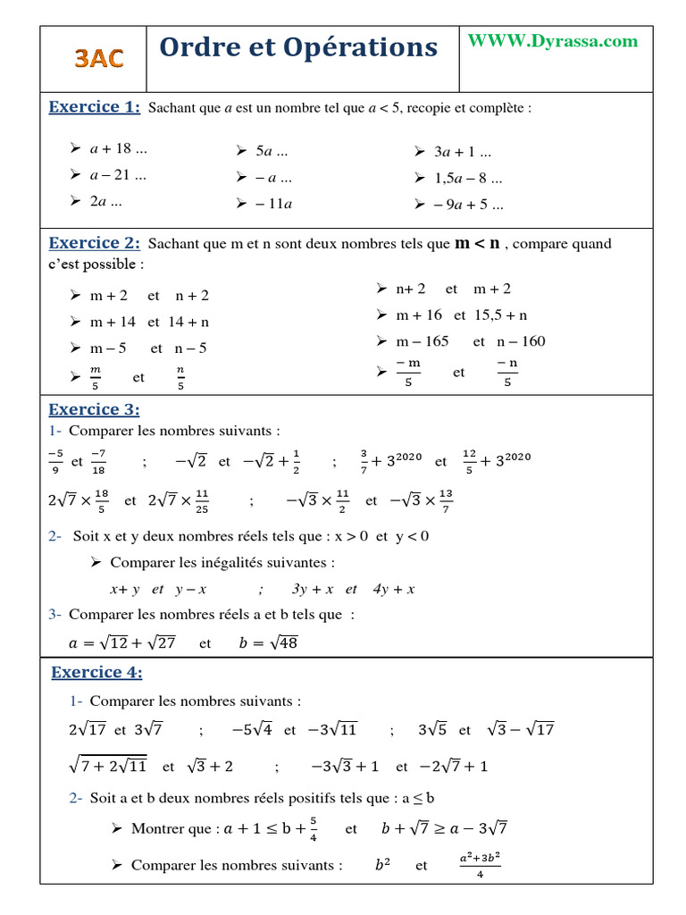 Exercices sur Ordre et Opérations 3AC | PDF