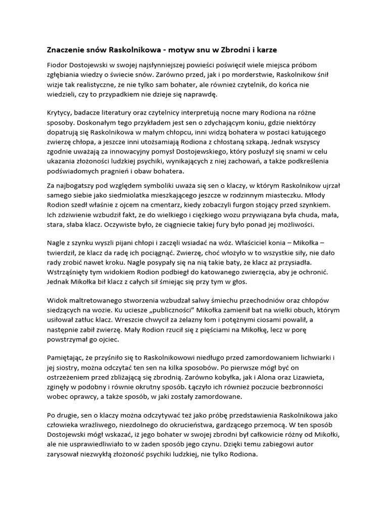 Znaczenie Snów Raskolnikowa - Motyw Snu W Zbrodni I Karze | PDF