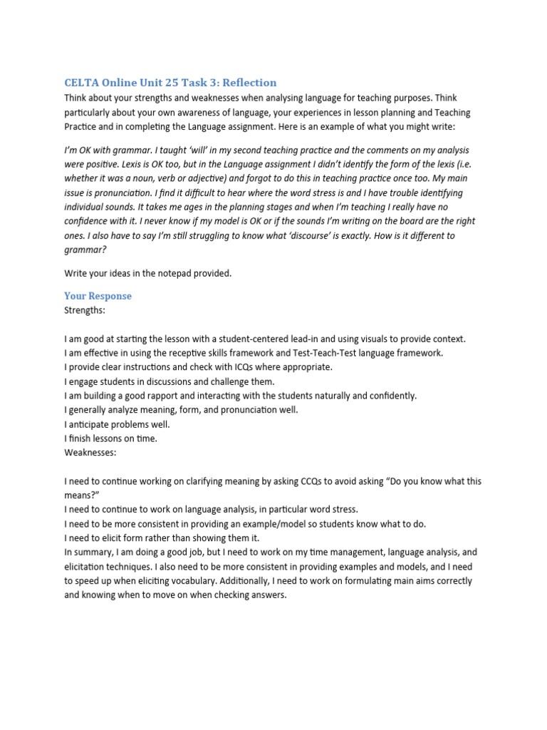 CELTA Online Unit 25 Task 3 - Reflection | PDF