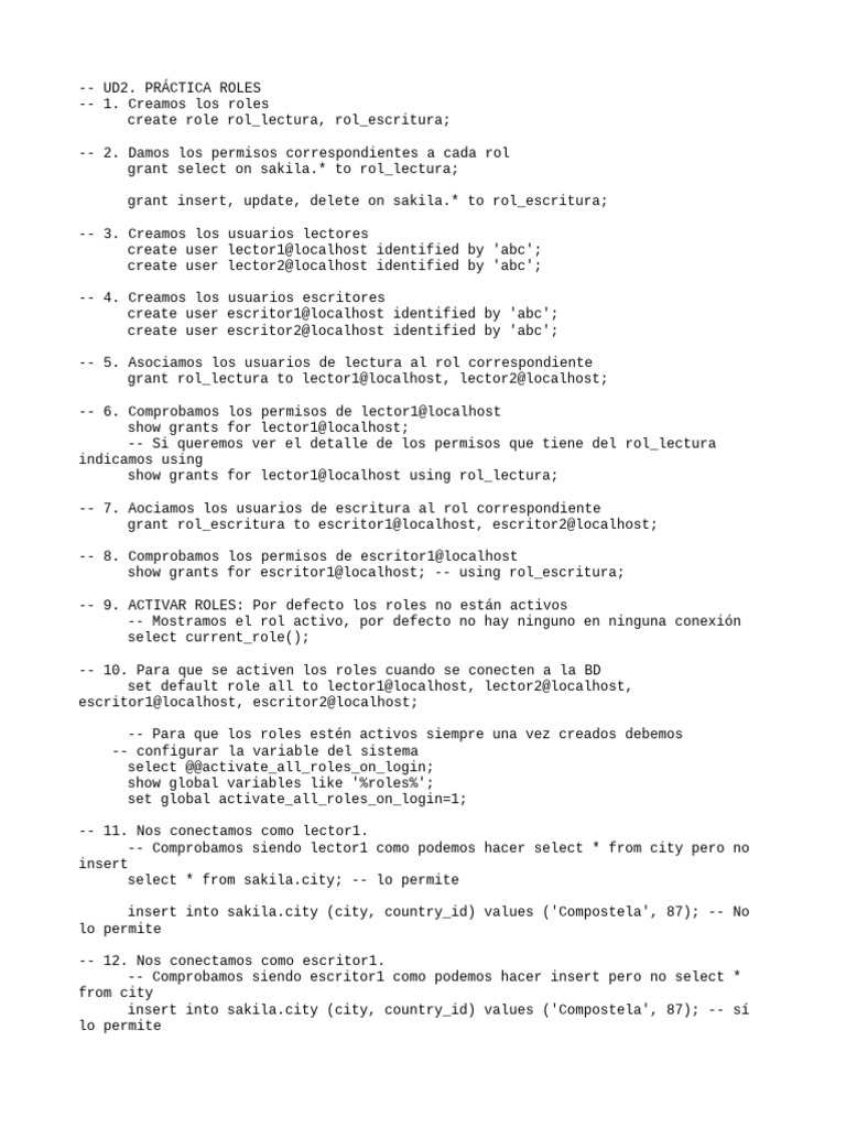 SOLUCIONES UD2 Practica Roles | PDF | SQL | Informática
