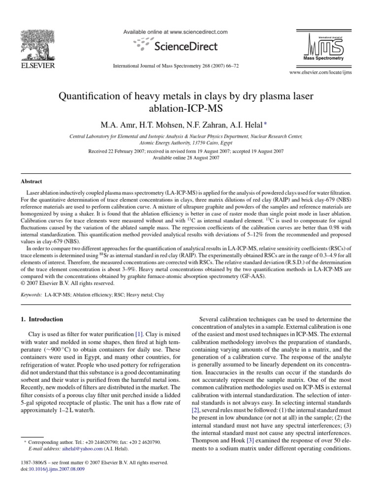 Quantification of Heavy Metals in Clays by Dry Plasma Laser ablation-ICP-MS | PDF | Detection ...