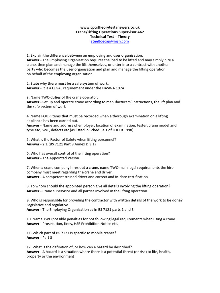 A62 CPCS Crane Lifting Operations Supervisor Answers | PDF | Crane (Machine)