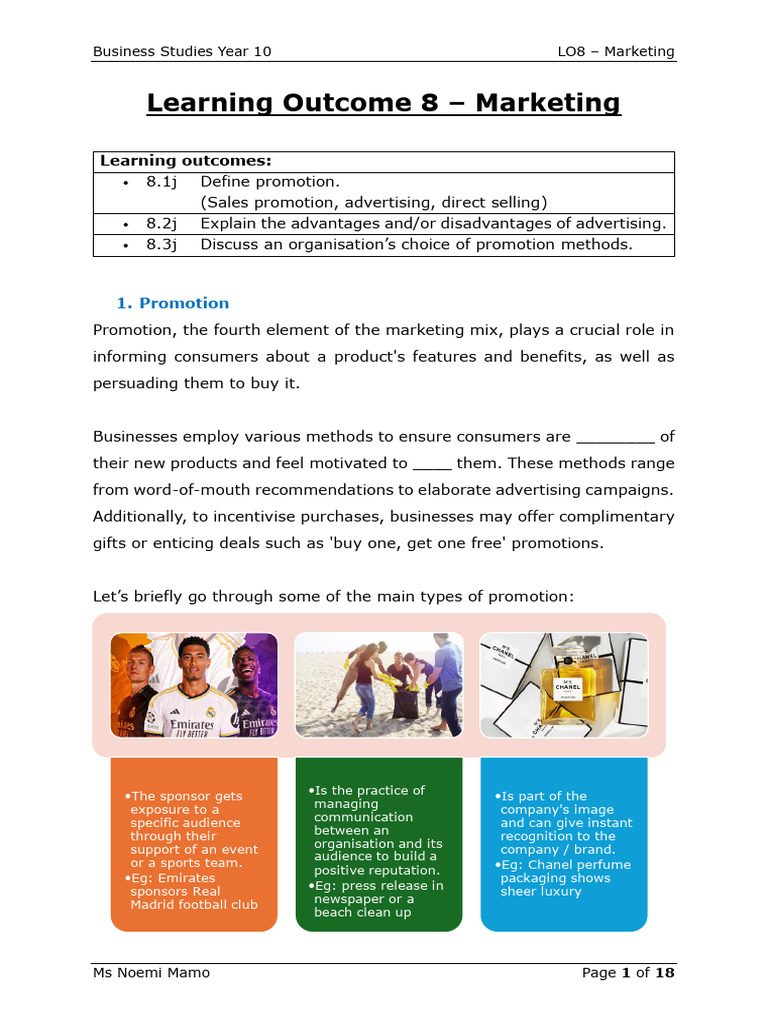 Learning Outcome 8 (J) - Notes (Students) | PDF | Advertising | Sales