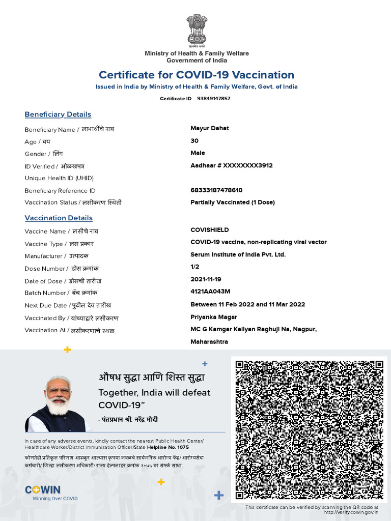 Mayur Vacc Certificate | PDF | Pandemic | Viral Respiratory Tract Infections