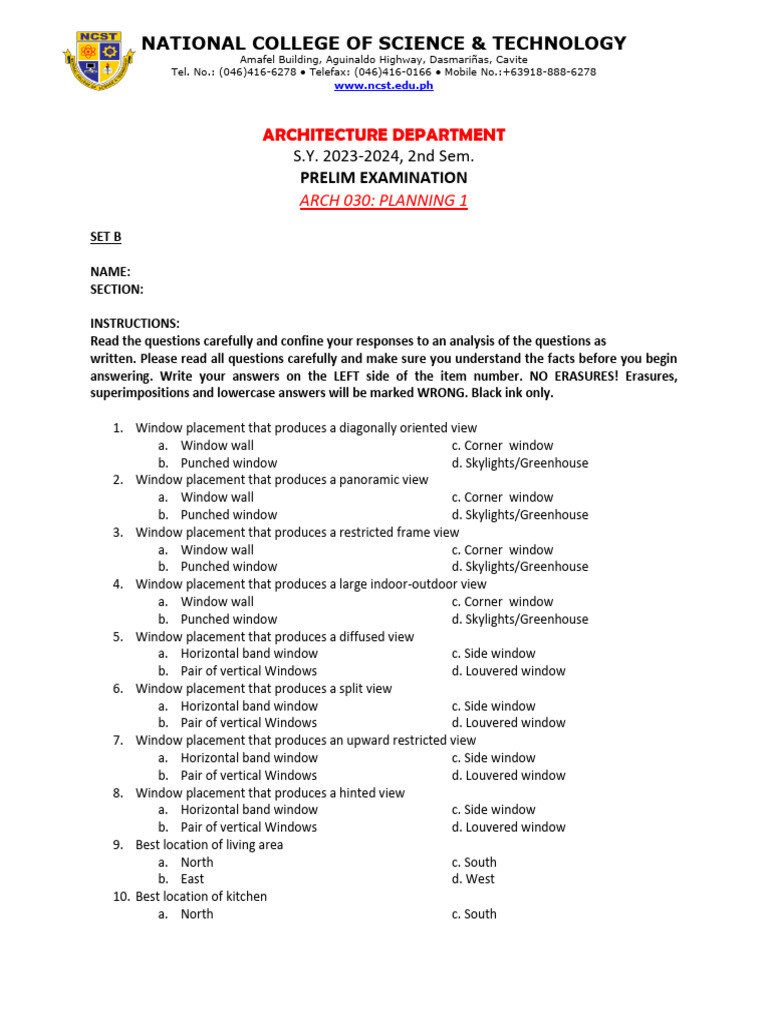 Planning1 Prelim Exam Setb | PDF | Evaluation | Roof