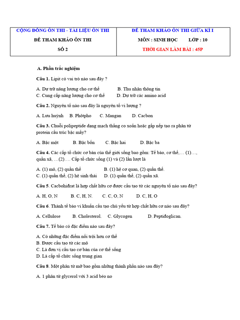 Đề Kiểm Tra Giữa Học Kì I Sinh Học 10 - Đề Tham Khảo Số 2 | PDF