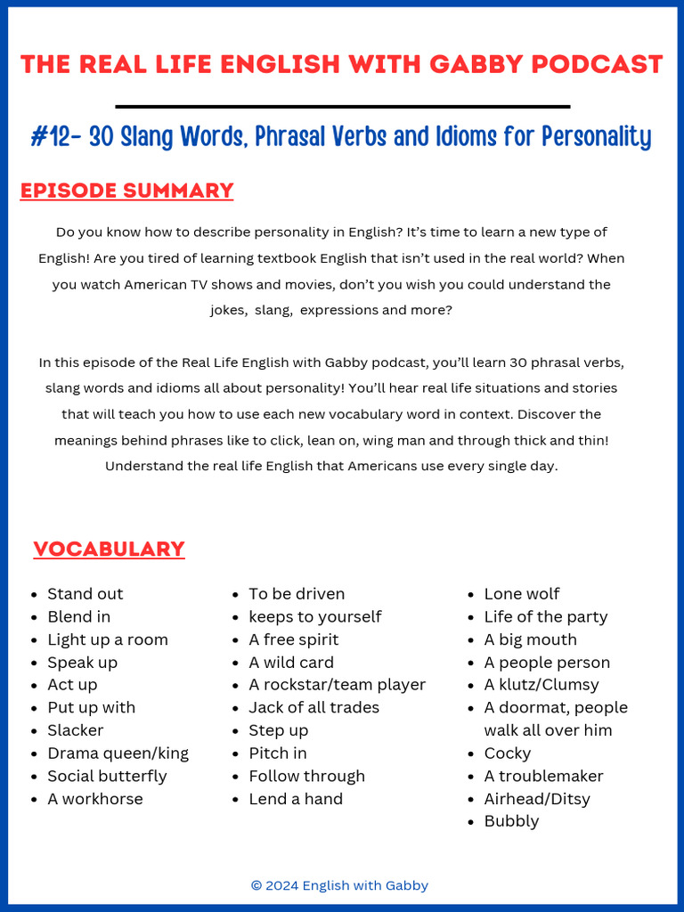 #12 - 30 Slang Words, Phrasal Verbs and Idioms To | PDF | English ...