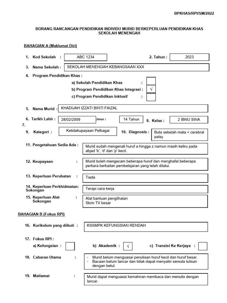 RPI Murid Pendidikan Khas SM 2022 | PDF