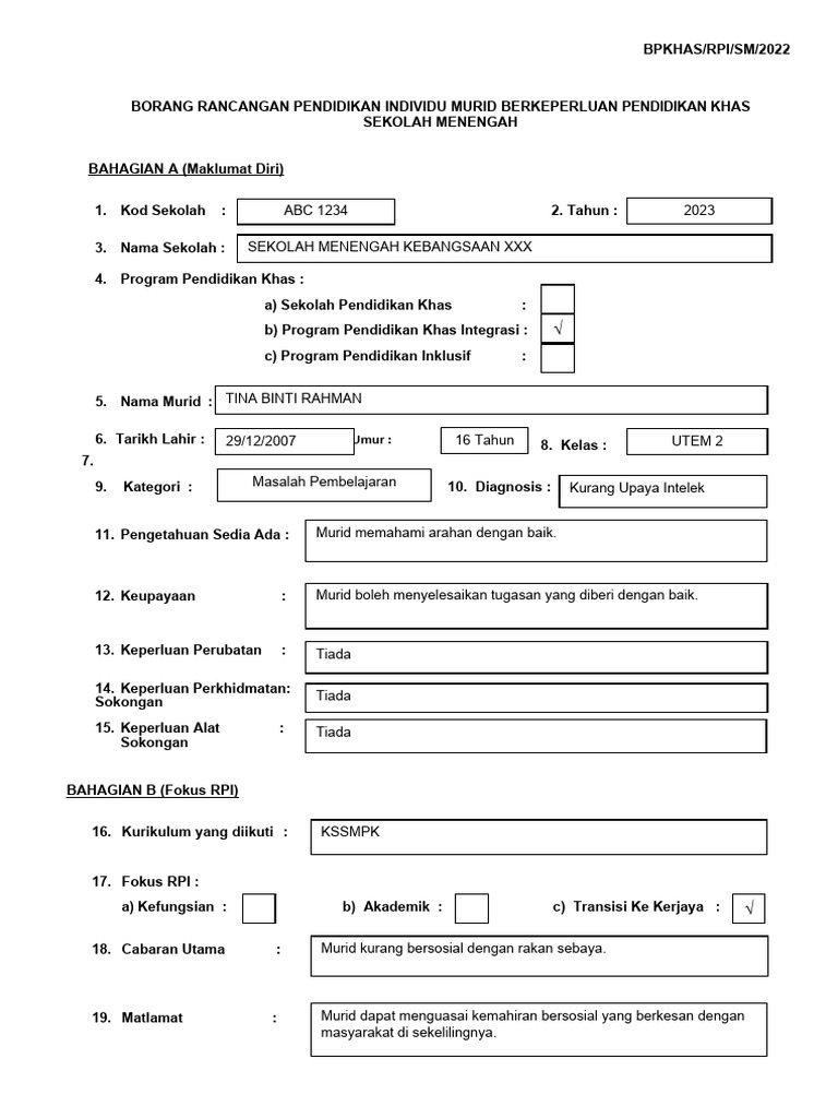 Contoh RPI Menengah - Transisi Kerjaya | PDF