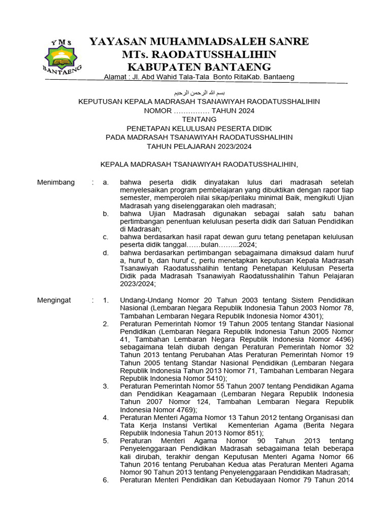 Contoh SK Penetapan Kelulusan | PDF