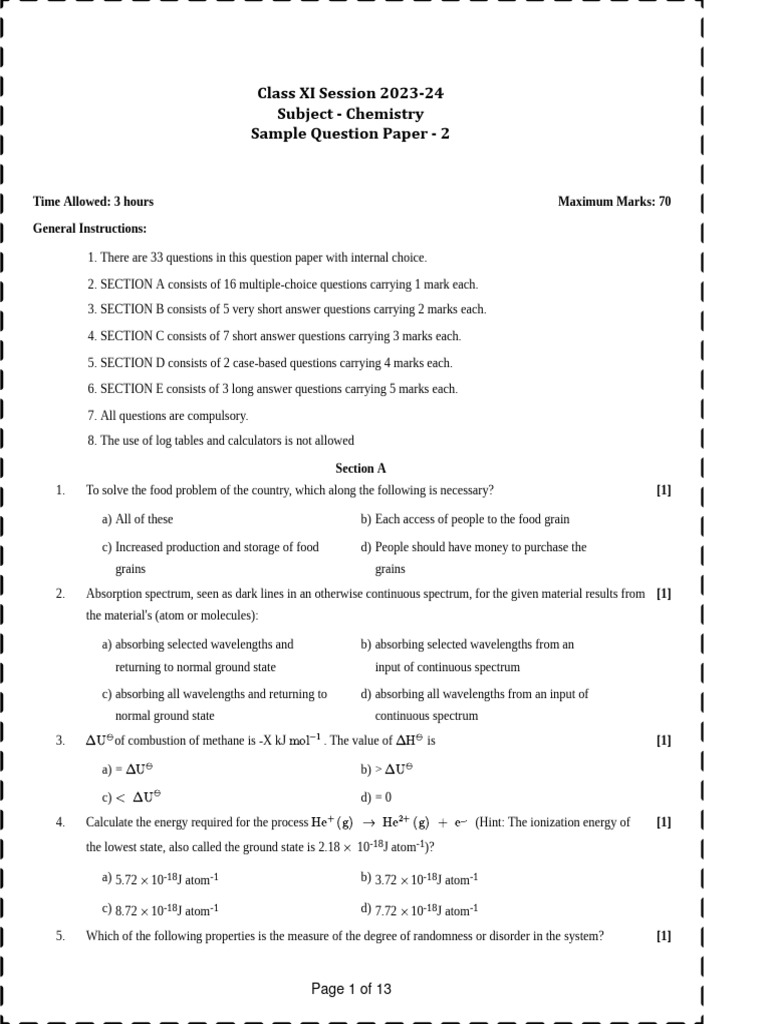 Class Xi Chemistry Sample Paper 2 | PDF | Isomer | Chemical Equilibrium
