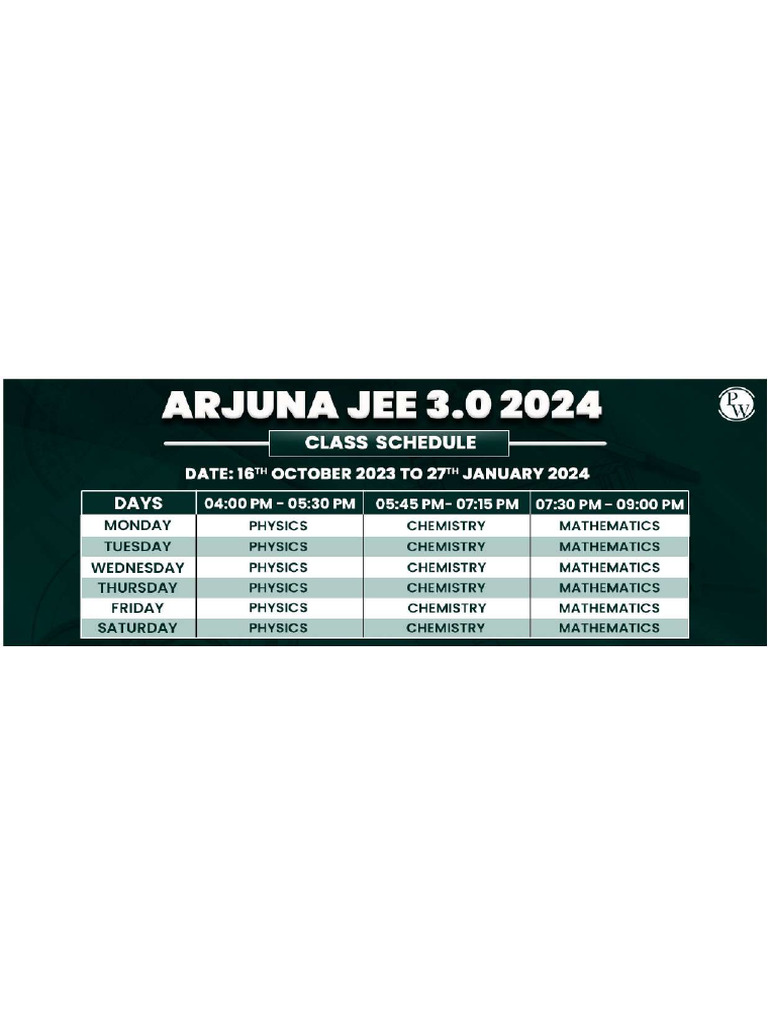 Updated Class Schedule From 16th October To 27th January 2024 Arjuna JEE 3.0 2024 | PDF