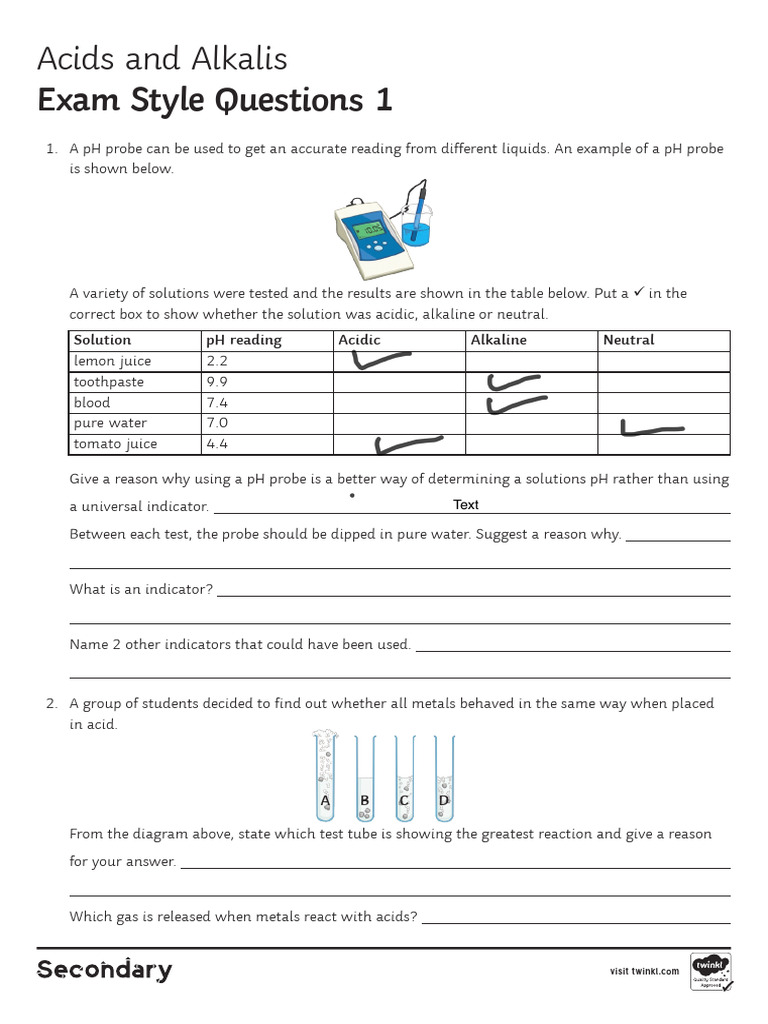 Y7 Acids and Alkalis Exam Style Questions 1 | PDF | Ph | Acid
