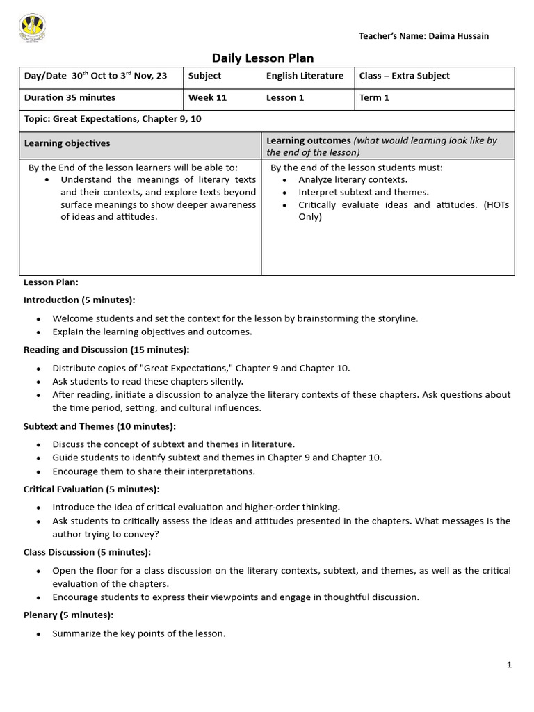 English English Literature Week 11 2023-24 Daima Hussain | PDF | Lesson Plan | Learning