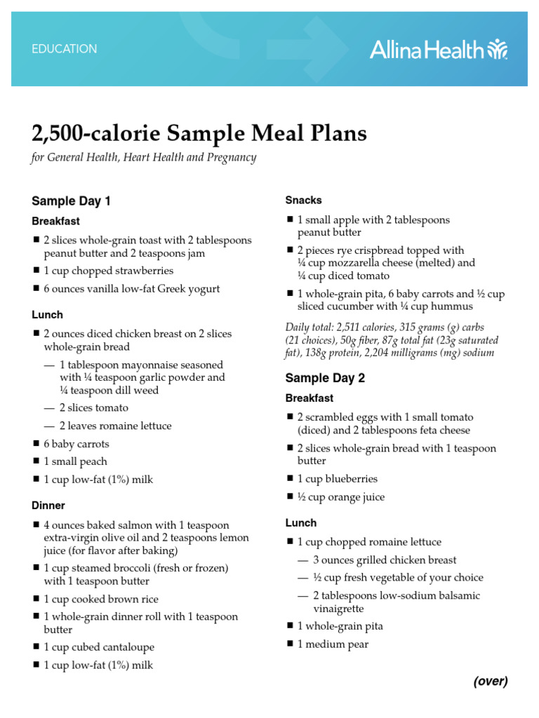2,500-Calorie Sample Meal Plans | PDF | Cheese | Teaspoon