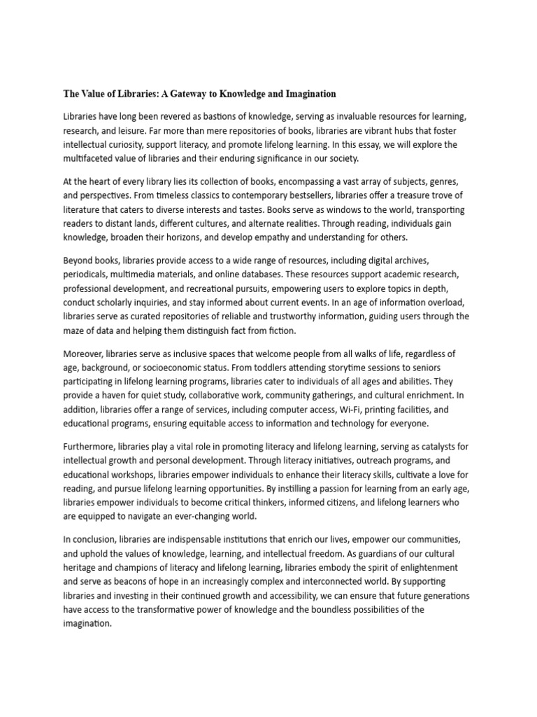 Importance of Libraries (Essay) | PDF | Libraries | Literacy