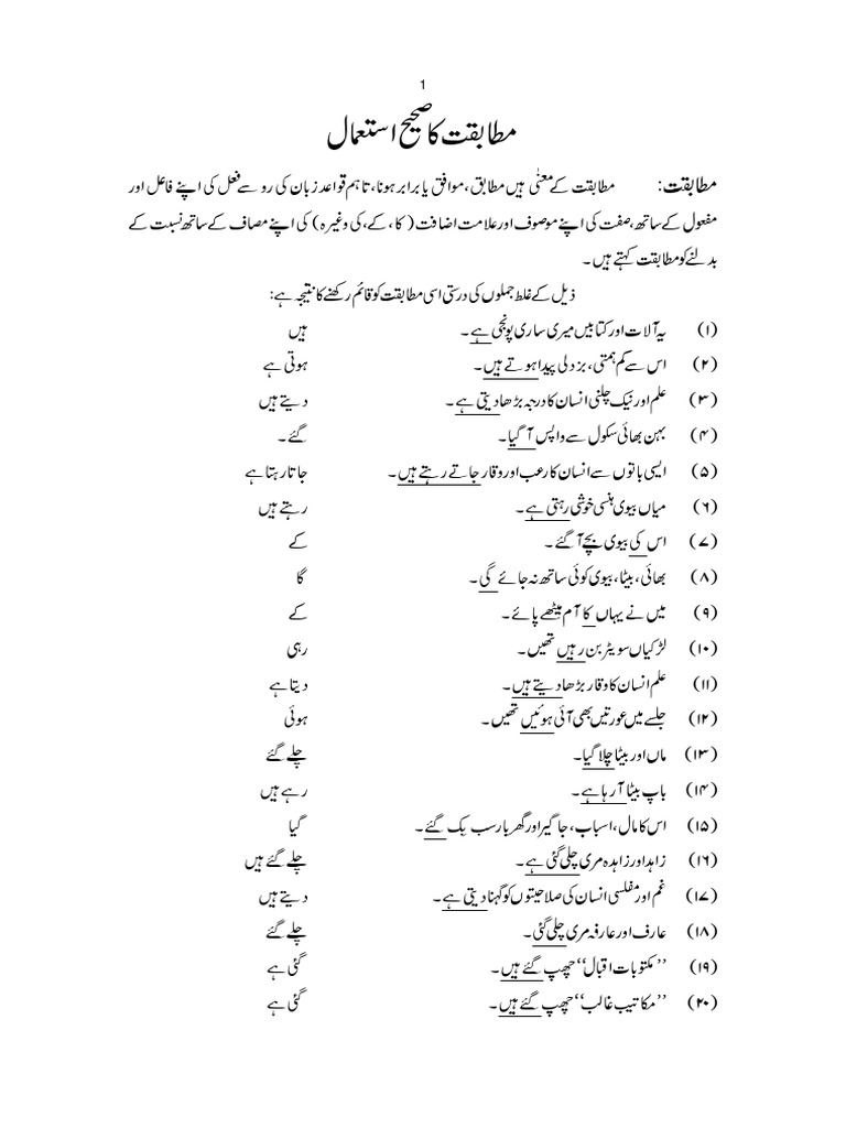 Mutabakat & Haroof Ka Sahi Istemal With MCQ's Examples | PDF