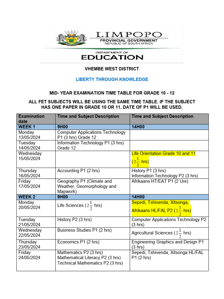 2024 Fet Mid-Year Examination Time Table | Download Free PDF | Science ...