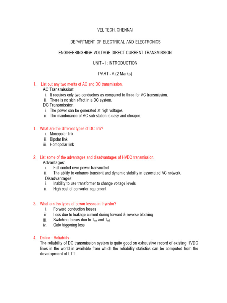 HVDC Transmission Important Questions | PDF | High Voltage Direct Current | Electric Power ...