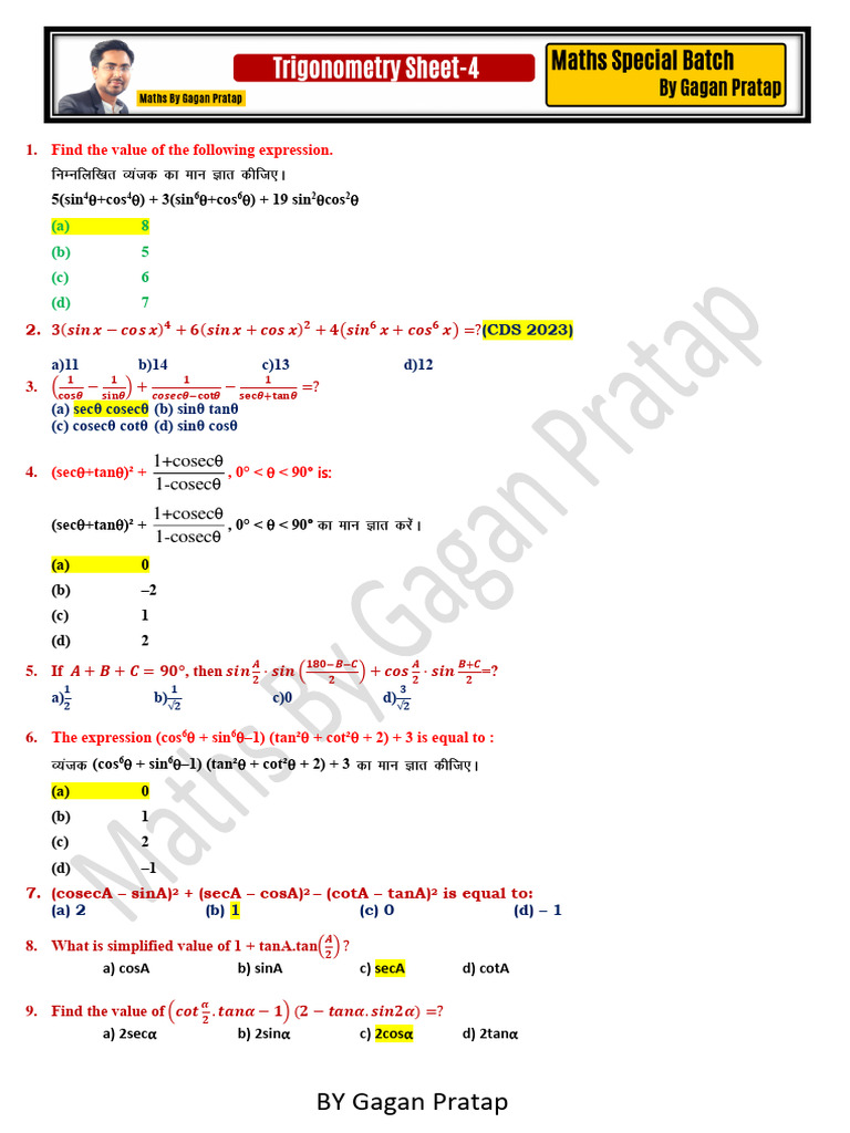 Trigonometry Sheet-4 | PDF | Trigonometry | Euclidean Plane Geometry