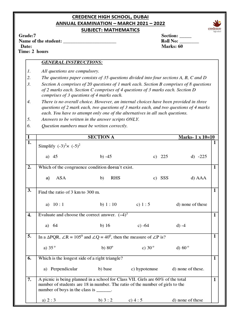 G7 Math - Annual-Qp - 2021-22 | PDF | Triangle | Classical Geometry