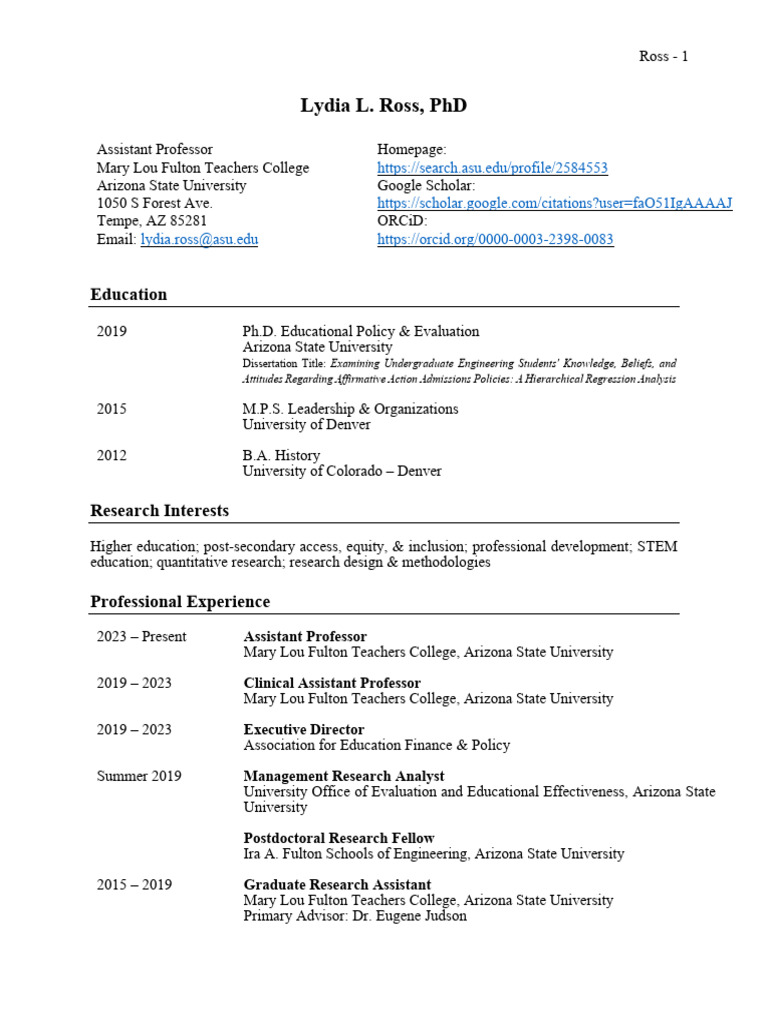 Lydia Ross CV April 2024 | Download Free PDF | Arizona State University ...