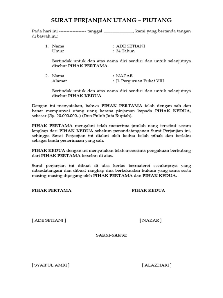 Contoh Surat Perjanjian Utang Piutang FH UII | PDF | Hukum