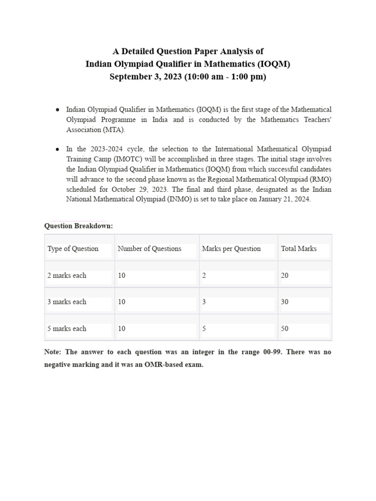 IOQ M Question Paper Analysis 2023 | PDF | Combinatorics | Equations