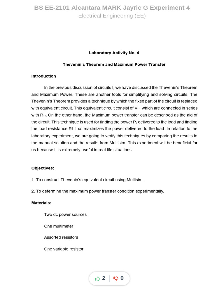 Bs Ee 2101 Alcantara Mark Jayric G Experiment 4 - Compress | PDF | Electrical Network | Resistor