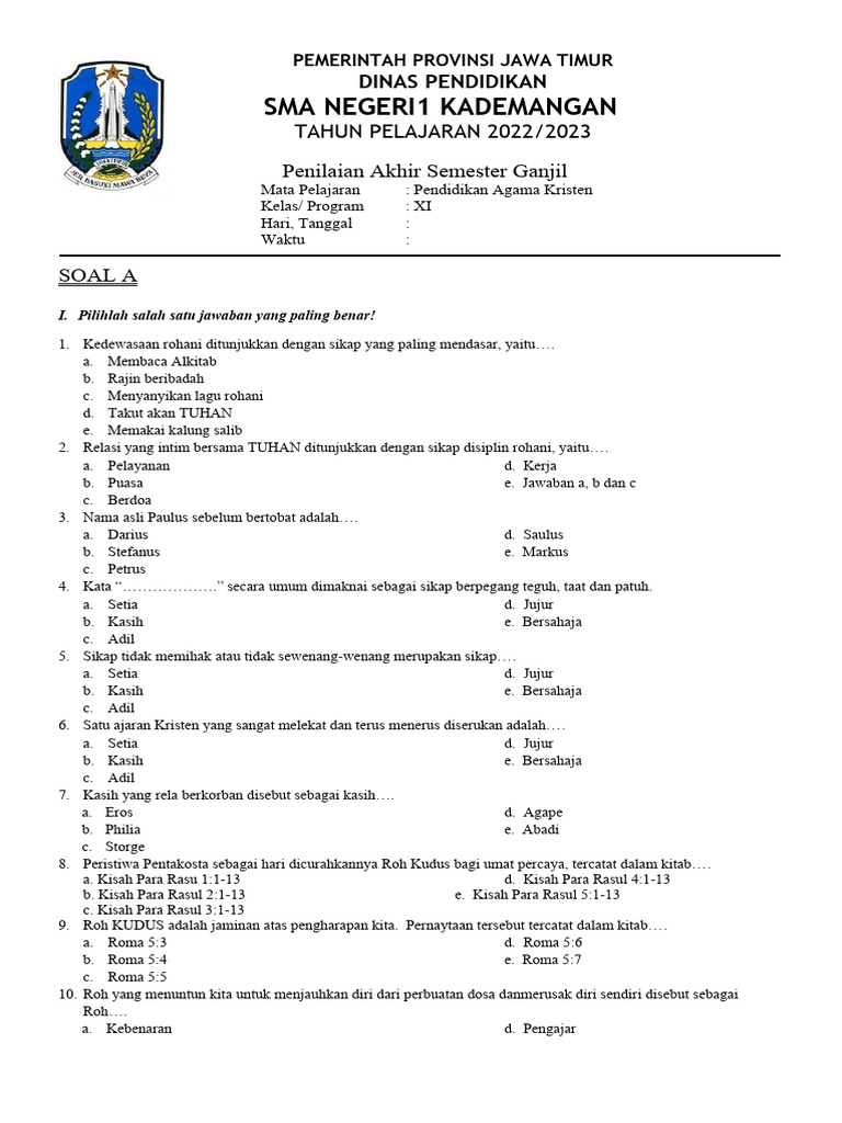 Soal Agama Kristen Kls Xi Ganjil 2020 | PDF | Seni & Disiplin Bahasa | Kesehatan Holistik