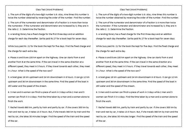 Class Test Word Problems Linear equations in two variables 20-05-2022 ...