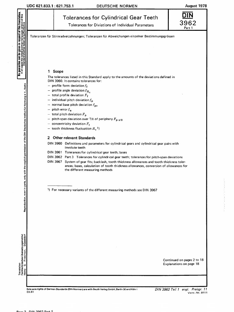 Din - 3962 1 1978 | PDF | Engineering Tolerance | Gear