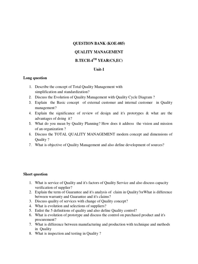 13.question Bank Based PYQ Quality Management KOE-085 | PDF | Quality Management | Reliability ...