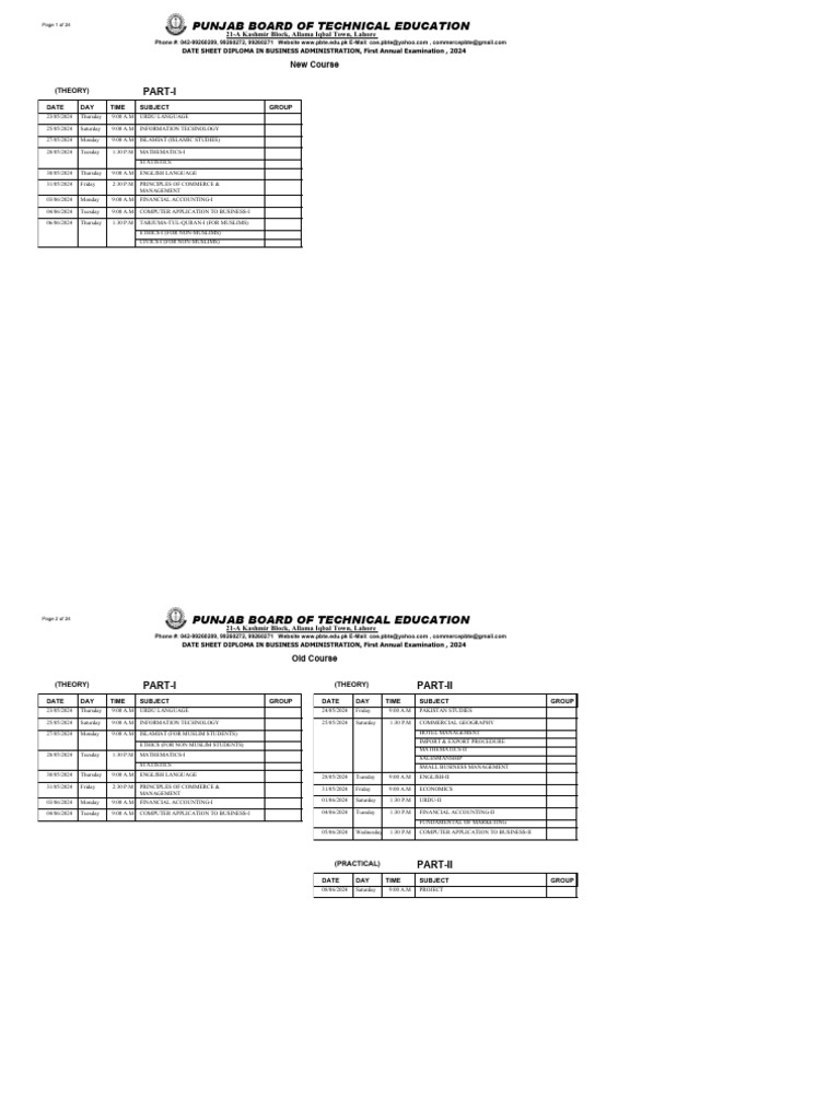 Dba 2024 Datesheet | PDF | Pakistan | Lahore