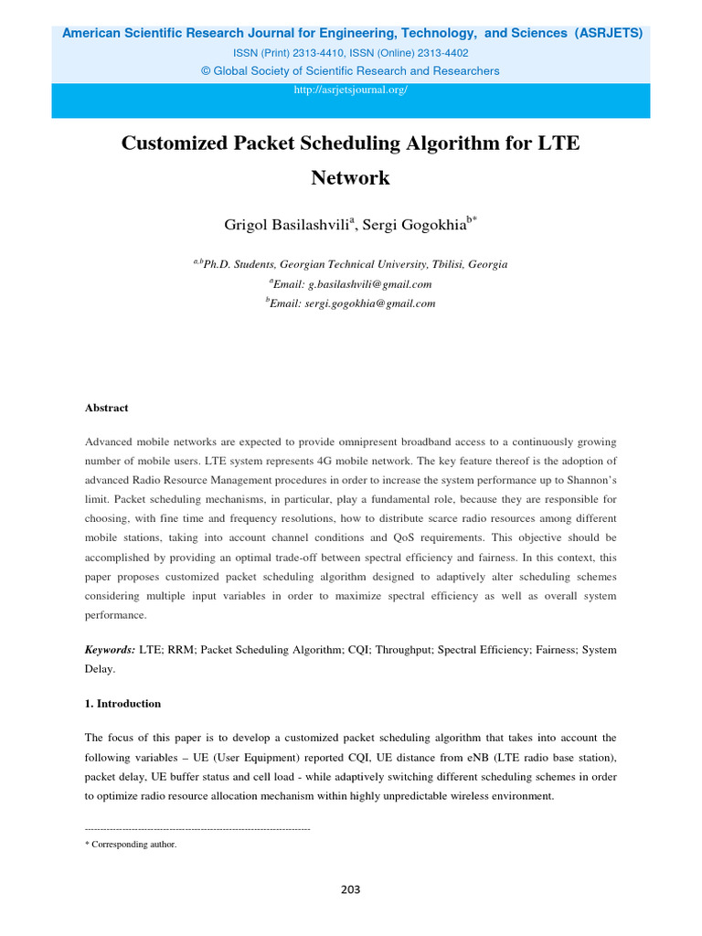 Customized Packet Scheduling Algorithm For LTE Network: Grigol Basilashvili, Sergi Gogokhia ...