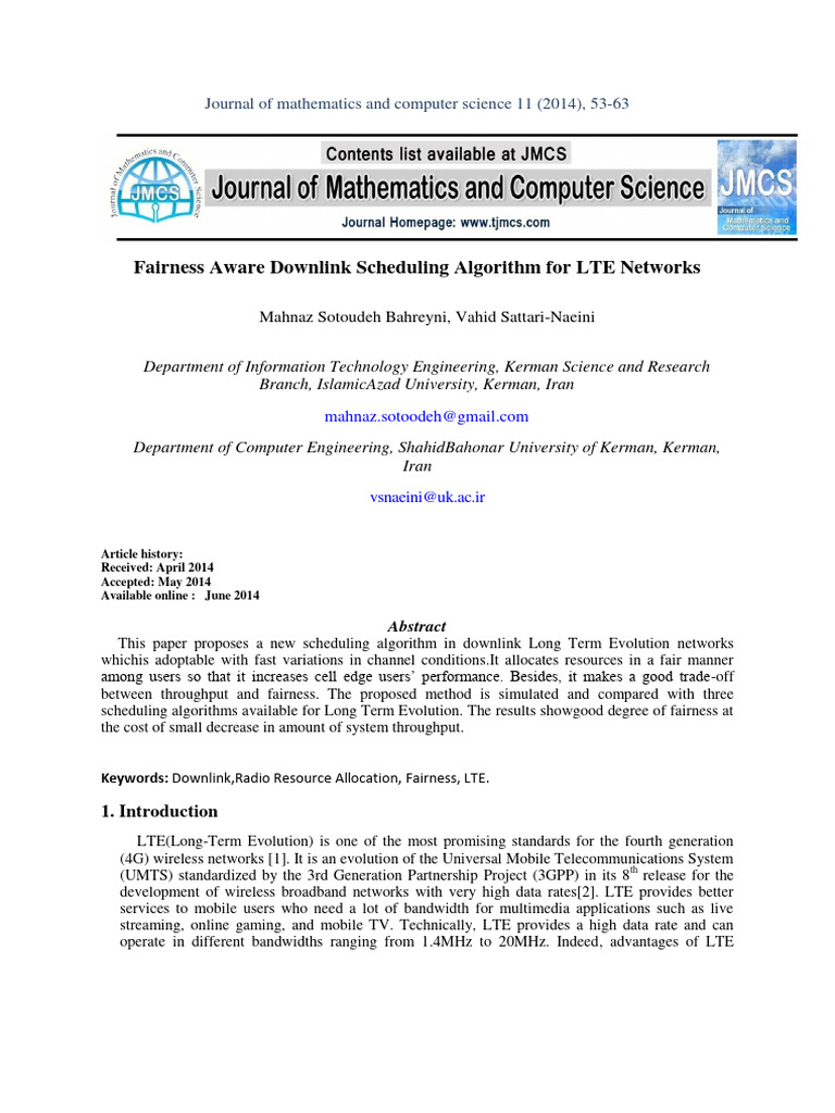 Vol11 Iss1!53!63 Fairness Aware Downlink Scheduling | PDF | Scheduling (Computing) | Lte ...