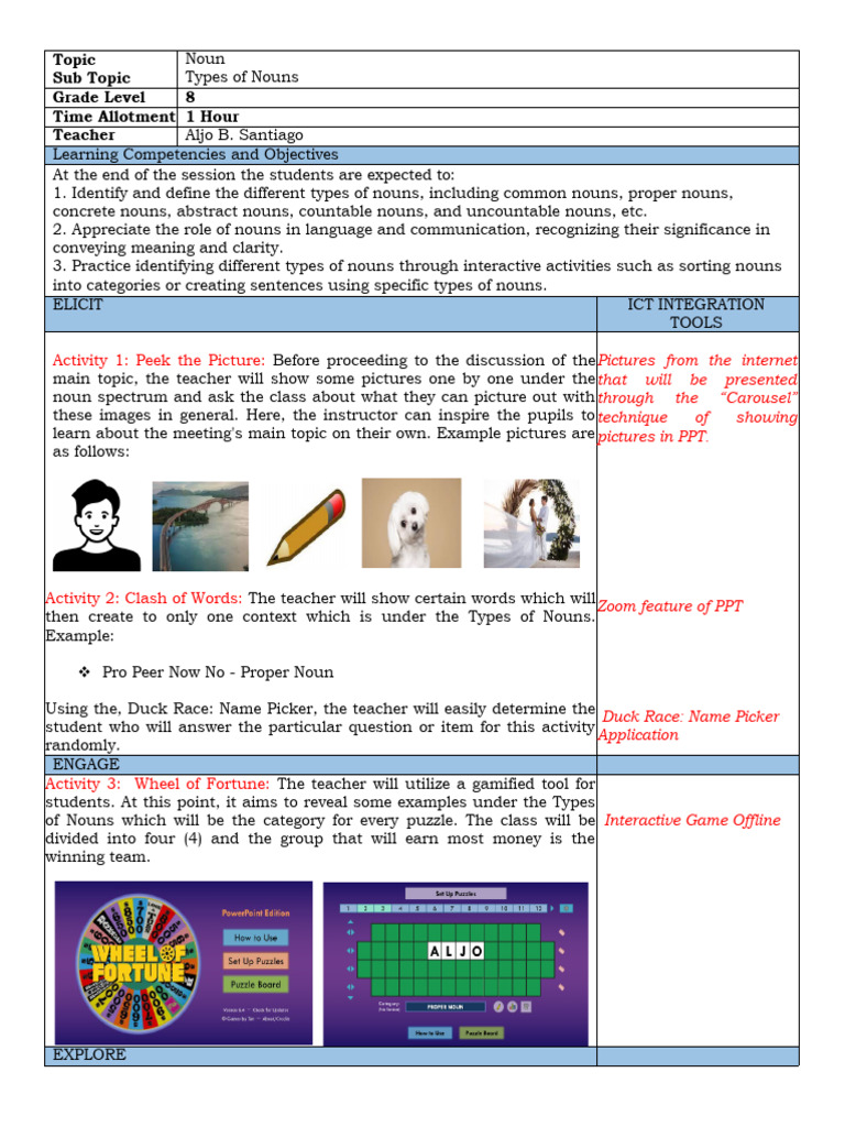 7E MODEL LESSON PLAN - Aljo Final | PDF | Noun | Lesson Plan