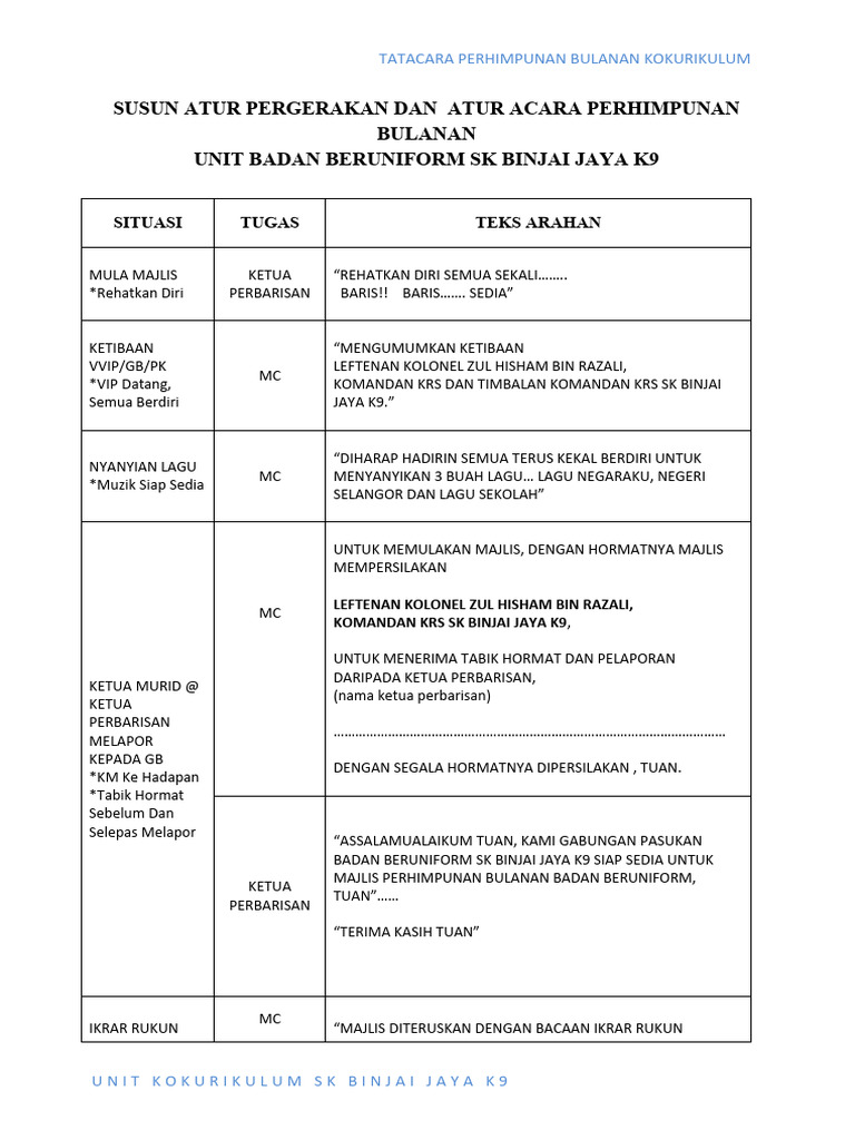 Atur Acara Perhimpunan Bulanan Badan Beruniform 2023 | PDF