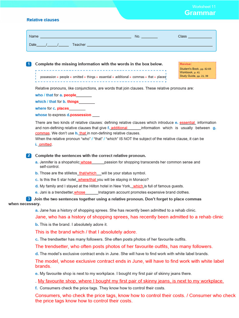 Enga11 Grammar Worksheet11 | PDF | Clause | Comma