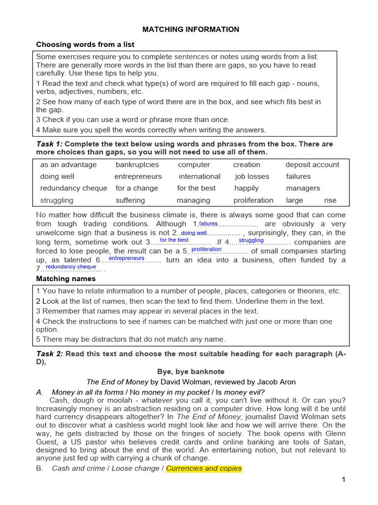 Matching Information | PDF | Cash | Employment