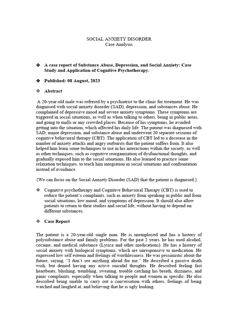CBT for Social Anxiety Disorder Case Study | PDF | Cognitive Behavioral ...