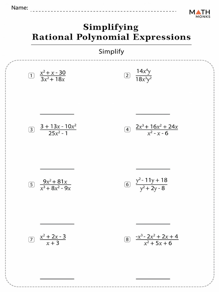 Simplifying Rational Polynomial Expressions Worksheet 1 | PDF