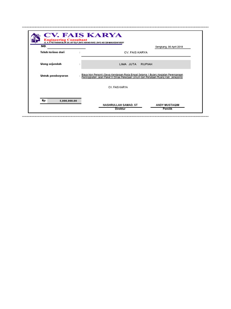 NOTA KUITANSI Sewa Peralatan | PDF