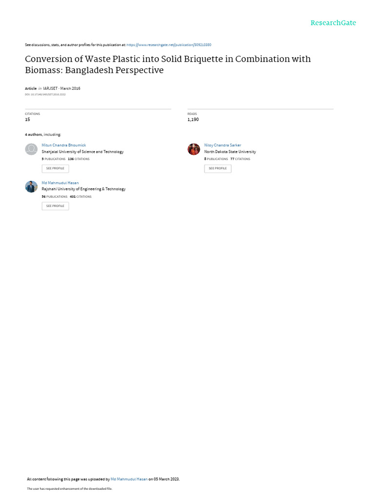 Conversion of Waste Plastic Into Solid Briquette in Combination With ...