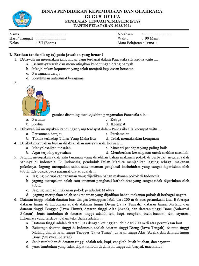 Soal Pts Kelas 6 Tema 1 Sub 1&2 | PDF | Griya & Taman | Sains & Matematika