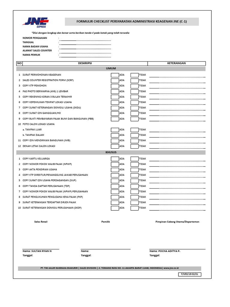 Formulir Checklist Persyaratan Administrasi Keagenan JNE (C-1) | PDF
