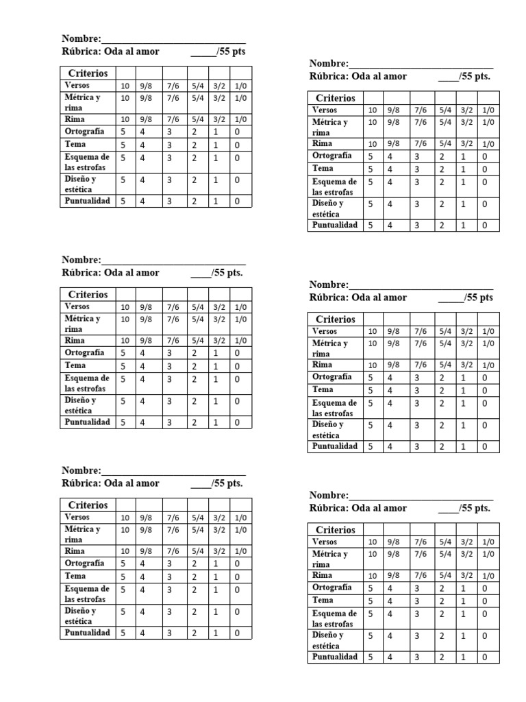 Rúbrica para Oda al Amor | PDF | Metro (poesía) | Rima