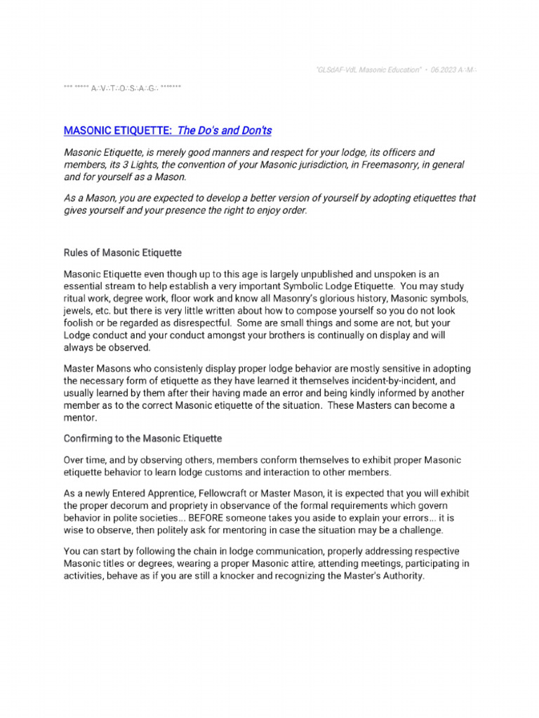 Masonic Etiquette Learn the Dos and Donts of Masonic Etiquette | PDF