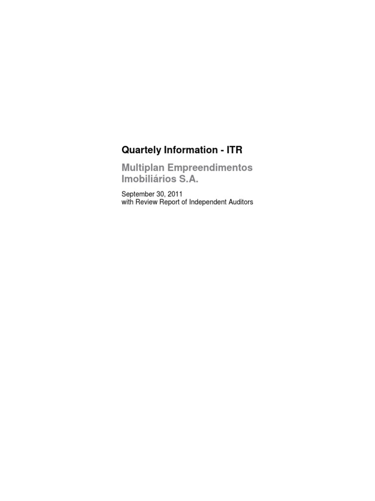 Quartely Information - ITR: Multiplan Empreendimentos Imobiliários S.A | PDF | Book Value ...