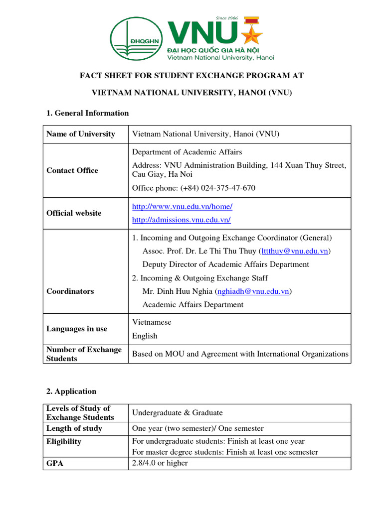 Vnu - Fact Sheet For Student Exchange Program | PDF | Academic Term | Academia
